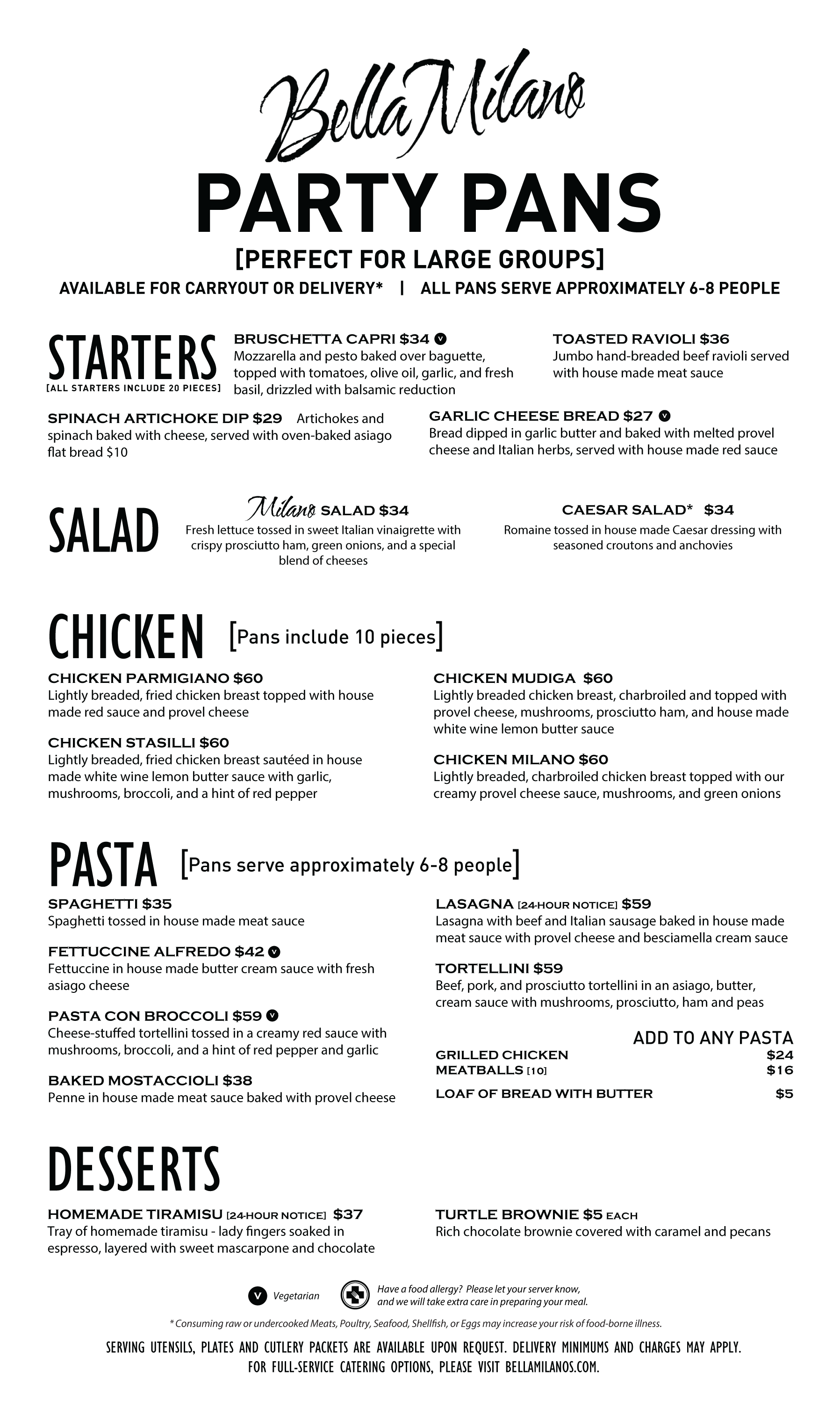 Party Pans Menu | Bella Milano